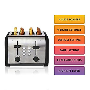 Kenmore 4-Slice Toaster, Black Stainless Steel, Dual Controls, Extra Wide Slots, Bagel and Defrost Functions, 9 Browning Levels, Removable Crumb Trays, for Bread, Toast, English Muffin, Toaster Strudel
