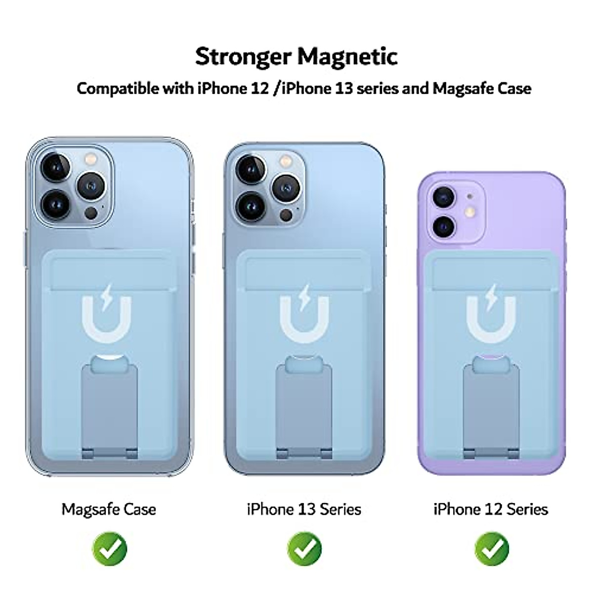 pzoz Magnetic Card Holder Wallet with MagSafe Kickstand, Silicone Pockets Card Holder with Metal Stand for iPhone 15, 14, 13, 12, Pro, Mini, Max, Plus (Blue)