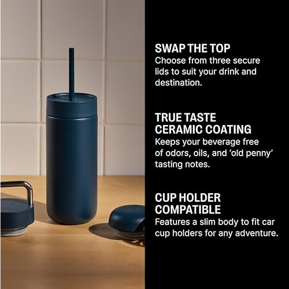 Fellow 16 oz Carter Bundle (3 in 1) Travel Mug with Carry Handle, Move & Cold Lids with Straw - To-Go Coffee Tumbler, Ceramic Interior & Vacuum-Insulated Stainless Steel - Coffee Cups-Stone Blue