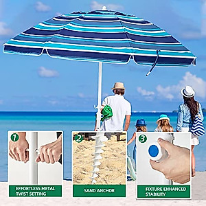 MEWAY 6.5ft Beach Umbrella with Sand Anchor & Tilt Mechanism, Portable UV 50+ Protection, Outdoor Sunshade Umbrella with Carry Bag, for Garden Beach Outdoor