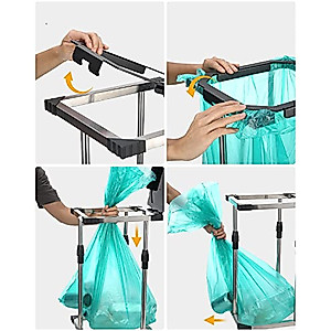 yamagahome Metal Trash Bag Holder, 16-28 Inch Height Adjustable Garbage Bag Holder with Lid, Clamp Ring and Corner Protection, Collapsible Outdoor Waste Bins, Trash Bag Stand for RV and Camping, Black