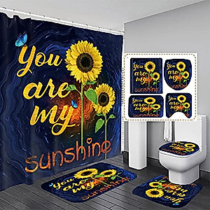 Izayoi 4 Pcs Sunflower Shower Curtain Set,Yellow Flower Butterfly Controller Bath Curtain with Anti-Slip Mat Toilet Cover Carpet Set and 12 Hooks,Black Waterproof Skeleton Bathroom Decor