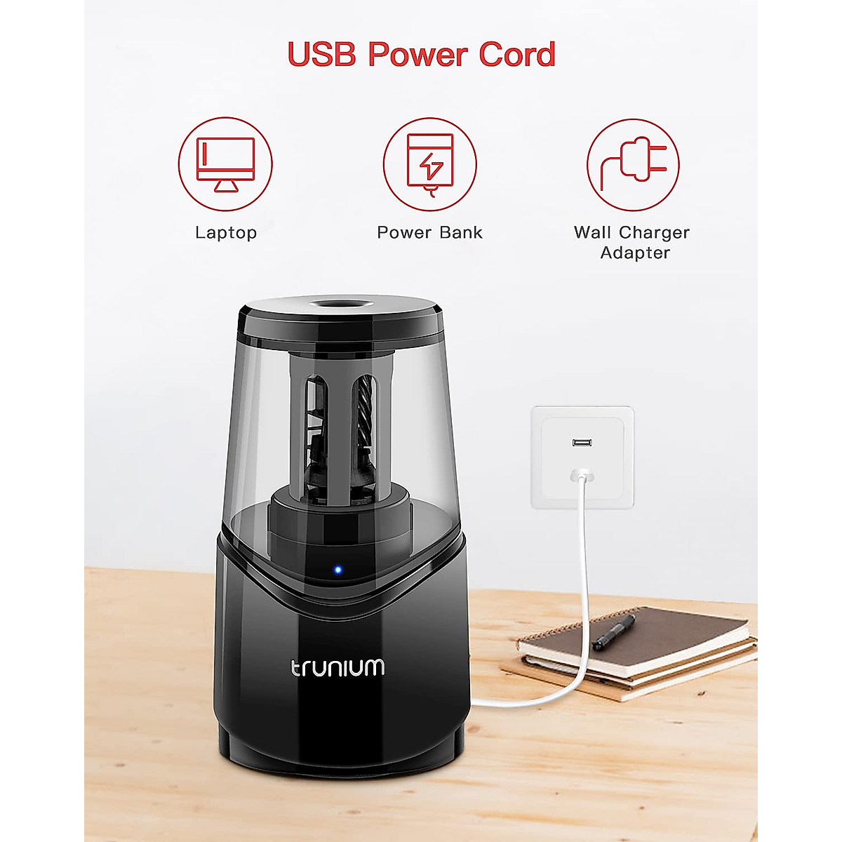 TRUNIUM Electric Pencil Sharpener, Pencil Sharpener for 6-8mm Colored/WoodenPencils, Auto Stop, Fast&Super Sharp, Electric Pencil Sharpeners USB Operated in No.2/Office/Studio/Home/Classroom(Black)