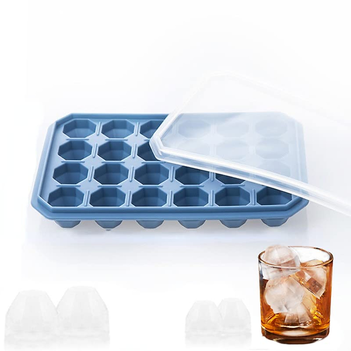 Ice Cube Trays, Diamond-Shaped Ice Cube Molds Maker, Flexible 24-Ice Trays Maker with Lid for Chilling Whiskey Cocktails, Easy Release Stackable Ice Trays,1 Inches Ice Cube (bule)
