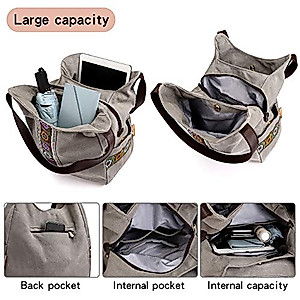 Worldlyda Women Canvas Hobo Purse Multi Pocket Tote Shopper Shoulder Bag Casual Top Handle handbag with Embroidery Ethnic Light Grey