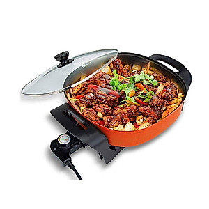 KJHD Orange Frying Pan, Non-stick Deep Dish Heavy Duty Electric Skillet with Tempered Glass Vented Lid and Easy-Pour Spout, Dishwasher Safe