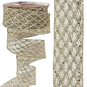 HUIHUANG Champagne Wired Ribbon 2-1/2", Glitter Diamond Wire Edge Ribbon Champagne Gold Christmas Ribbon for Holiday Tree, Bows Making, Wreath Supplies, Garland, Home Decor, Crafts -10 Yards