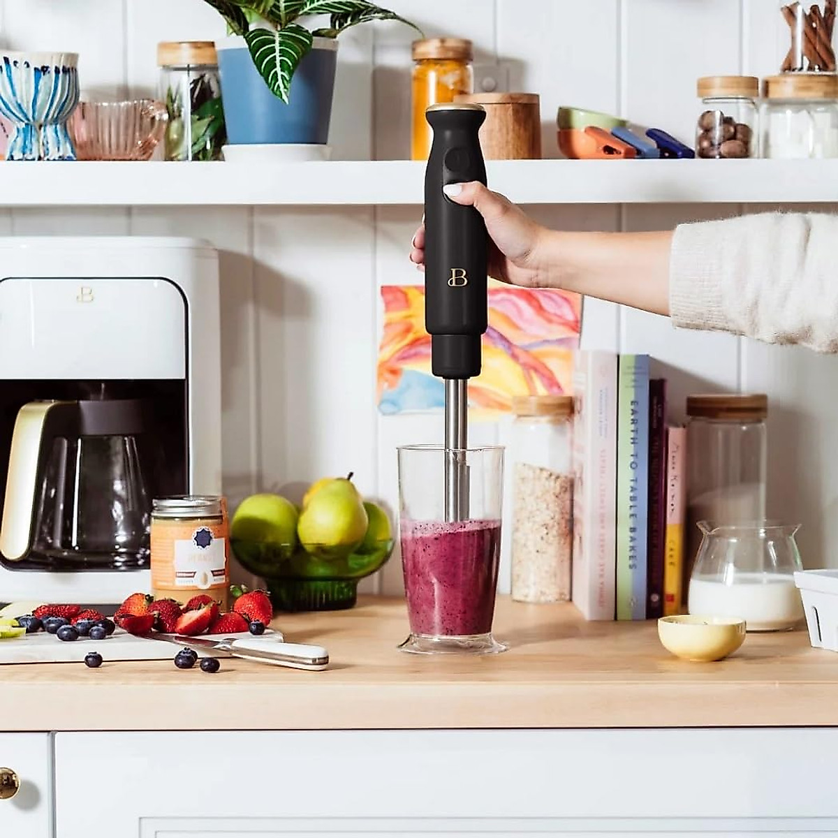 Beautiful 2-Speed Immersion Blender with Chopper & Measuring Cup, Black Sesame by Drew Barrymore