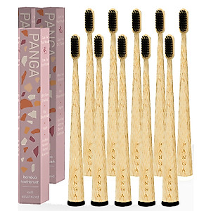 PANGA Kids Toothbrush Bamboo Toothbrush Soft Biodegradable Bristles Eco Friendly Products Travel Toothbrushes (10 Pack, 5 White/5 Black)