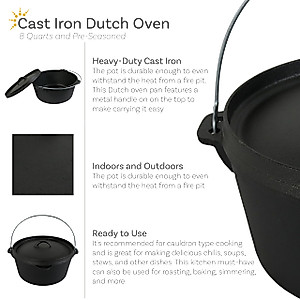 Sunnydaze 8-Quart Pre-Seasoned Cast Iron Deep Black Dutch Oven Pot with Lid and Handle - Camp Chili, Stew, and Soup Pot