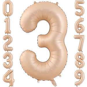3 Balloon, Number 3 Balloon, 3 Balloon Number 40 Inch, Beige Large Big Foil Number Balloons for Birthday Party Graduation Wedding Anniversary Baby Shower Bachelorette Decoration Supplies
