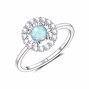 MUSECLOUD Created Opal Rings 925 Sterling Silver Birthstone Rings for Women White Gold Plated Halo Band Rings Birthday Gift Eternity Promise Engagement Rings for Her Size 5-9（7）
