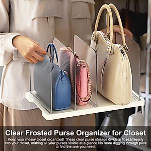 SHILFID Purse Organizer for Closet,2-Pack Shelf Divider for Closet,Bag Organizer Closet,Handbag Storage Organizer,Clear Frosted Plastic Shelf Dividers with 4 Slots for Clutches, Wallets