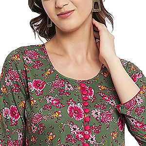 Tissu Women's Rayon Green & Rani Floral Pritned A-Line Kurta 2153_Green_3XL