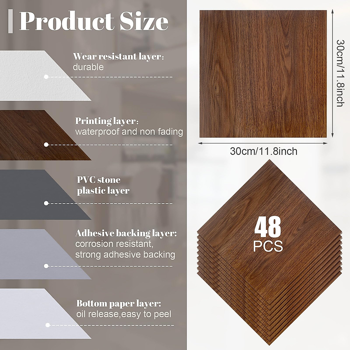 Sasylvia 48 Pcs Peel and Stick Floor Tile Wood Grain Vinyl Flooring Self Adhesive Waterproof Bathroom Floor Tile for Living Bedroom Kitchen Floor, 11.8 x 11.8 Inch,Dark Brown(Fresh Style,Dark Brown)