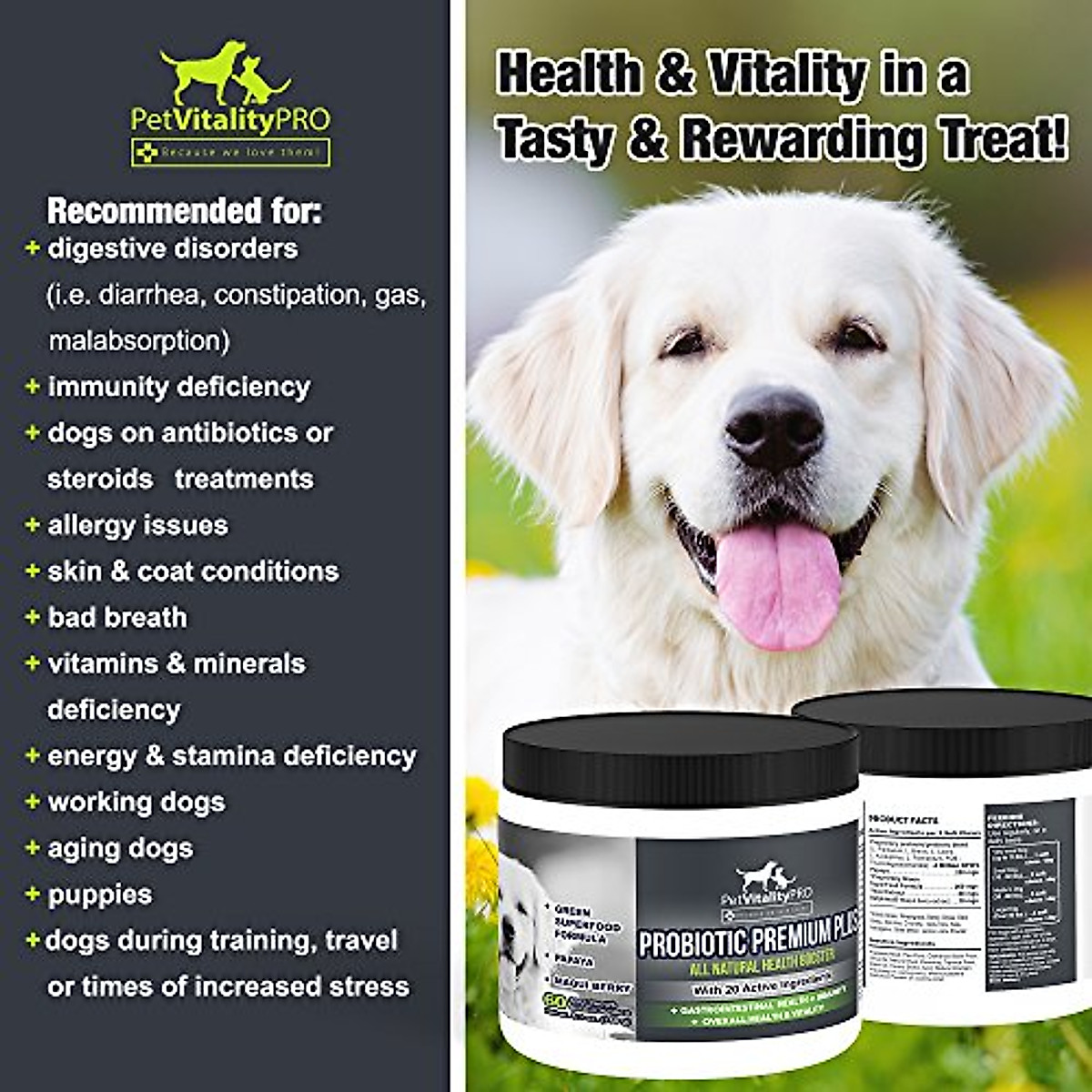 PetVitalityPRO Probiotics for Dogs with Natural Digestive Enzymes ● 4 Bill CFUs/2 Soft Chews ● Dog Diarrhea Upset Stomach Yeast Gas Bad Breath Immunity Allergies Skin Itching Hot Spots ● 60 Count