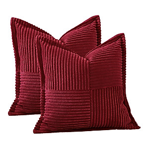 OTOSTAR Set of 2 Corduroy Throw Pillow Covers with Splicing Super Soft Boho Striped Pillow Covers Broadside Decorative Textured Throw Pillows for Couch Sofa Bed Living Room 18x18 Inch, Burgundy