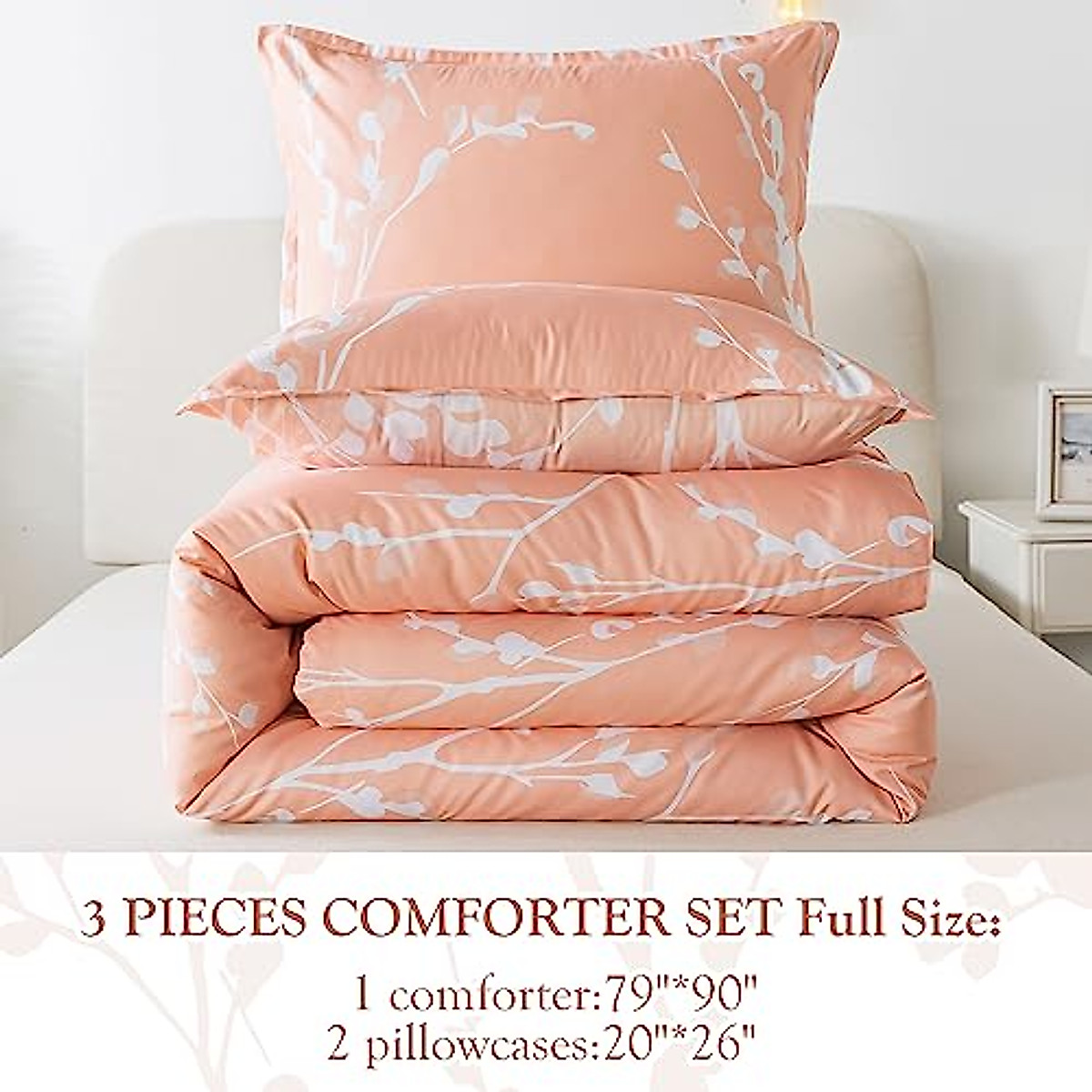 Andency Blush Pink Comforter Set Full Size (79x90 Inch) - Reversible Flower Plum Blossom Bed Set 3 Pieces Soft Lightweight Microfiber Branches Comforter Bedding Set