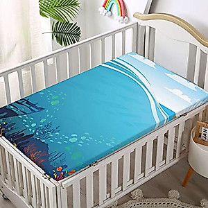Reef Themed Fitted Mini Crib Sheets,Portable Mini Crib Sheets Soft & Stretchy Fitted Crib Sheet-Great for Boy or Girl Room or Nursery,24“ x38“,Sea Blue Multicolor