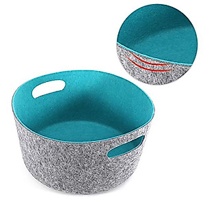 Welaxy Large Storage Basket Felt Open Storage Bins Desk Organize bin Shelf Box with Handles for Magazines Books Junk Kids Toys Pet Toy Clothes Laundry Organizing Round(Turquoise)