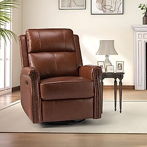 HULALA HOME Genuine Leather Power Recliner Chair with USB Port, Modern Electric Swivel Rocker Glider Recliner with Nailhead Trim & Metal Base- for Living Room Bedroom Home Theater, Brown