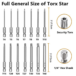 MulWark 14PC Security Torx Bit Set 3" Long Tamper Proof Star Screwdriver Bit Set 1/4" Hex Shank S2 Steel T4 - T40 Magnetic Impact Driver Drill Bits
