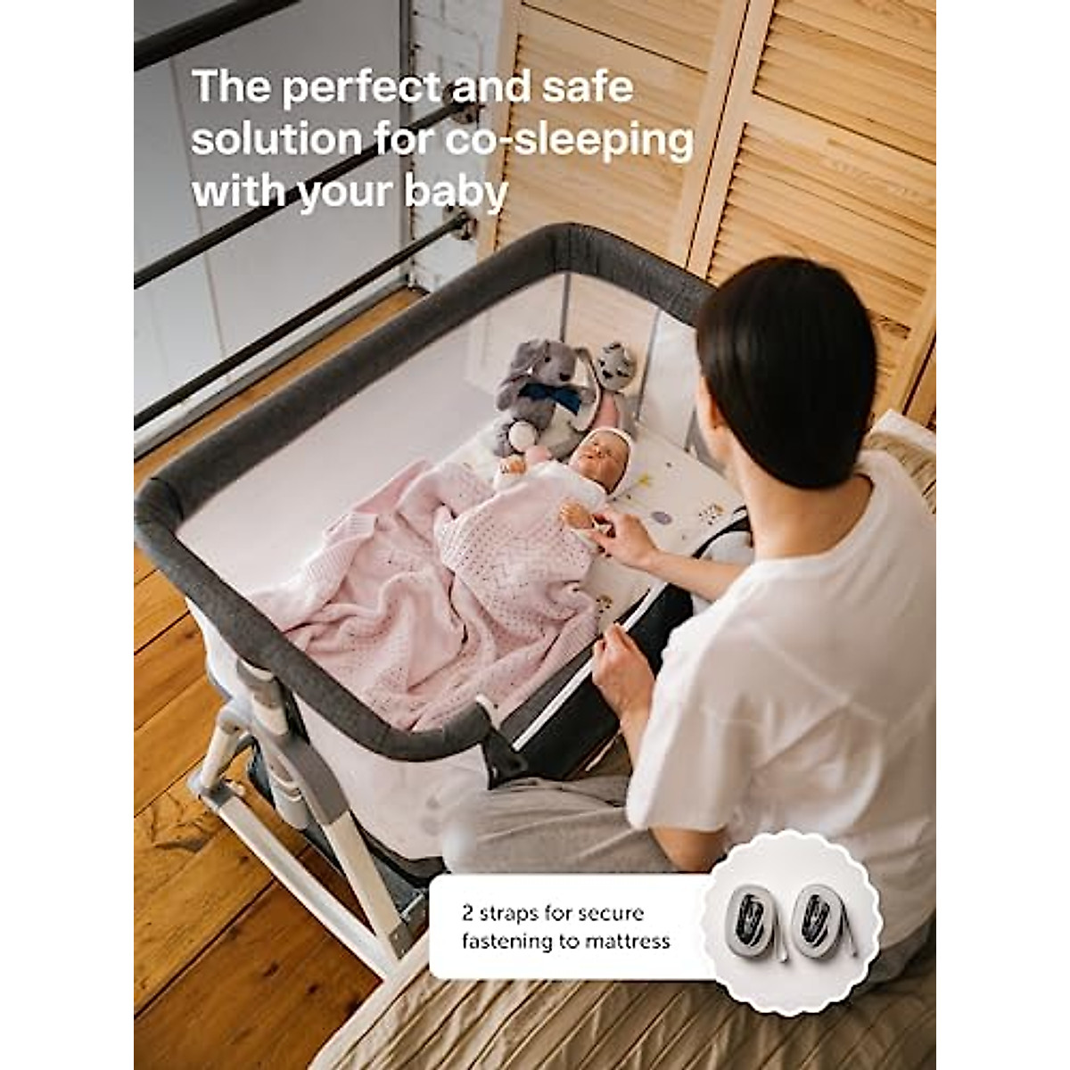 Earth&ME Baby Bassinet Bedside Sleeper with Rocking - All Mesh Portable Bedside Crib for Safe Co-Sleeping, Storage Basket and Wheels, Adjustable Height, Includes Travel Bag, Mosquito Net