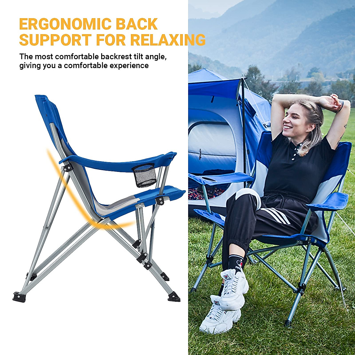 KingCamp Oversized Heavy Duty Outdoor Camp Lightweight Portable Lawn Chair Sturdy Steel Frame Supports 300 lbs with Cup Holder for Sports Fishing Picnic, one Size, Blue&Gray