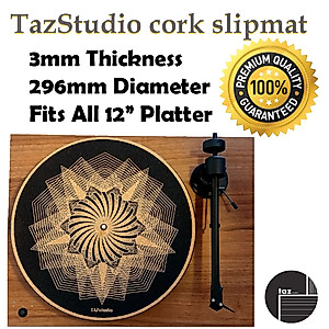 Cork Turntable Mat for Better Sound Support on Vinyl LP Record Player - Original Geometric Design- Dark light Cork slipmat [3mm Thickness]- m5