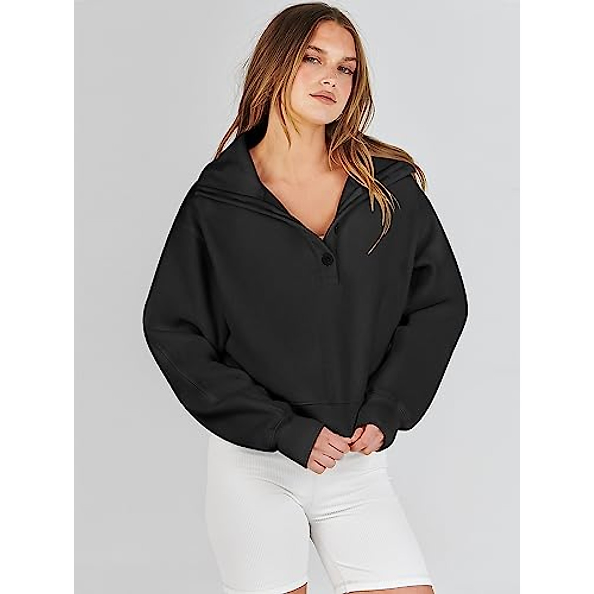 Prinbara Hoodie for Women Pullover Long Sleeve Sweatshirt Button down V Neck Teen Girls Fall Trendy Y2k Clothes Oversized Sweater 2023 1PA139-heise-M Black
