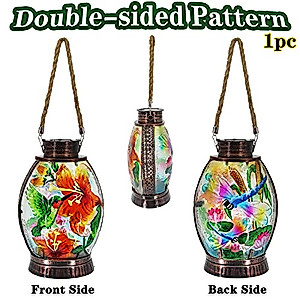 SUBOLO Hanging Solar Lantern Outdoor Garden Metal Glass Dragonfly & Hummingbird Pattern LED Light Solar Powered Waterproof Landscape Table Lamp for Patio, Yard and Pathway - 1 Pc