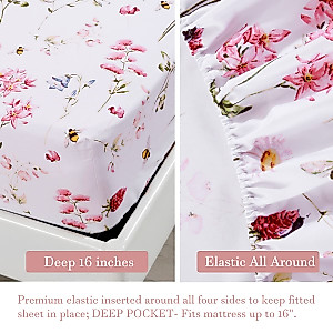 URBONUR 100% Egyptian Cotton Bed Sheets Full Size Set 4 Pcs,Cooling,Breathable Soft & Silky Percale Weave Floral Sheets Fits Mattress Up to 16" Deep Pocket (Pink Flowers & Bees, Full)