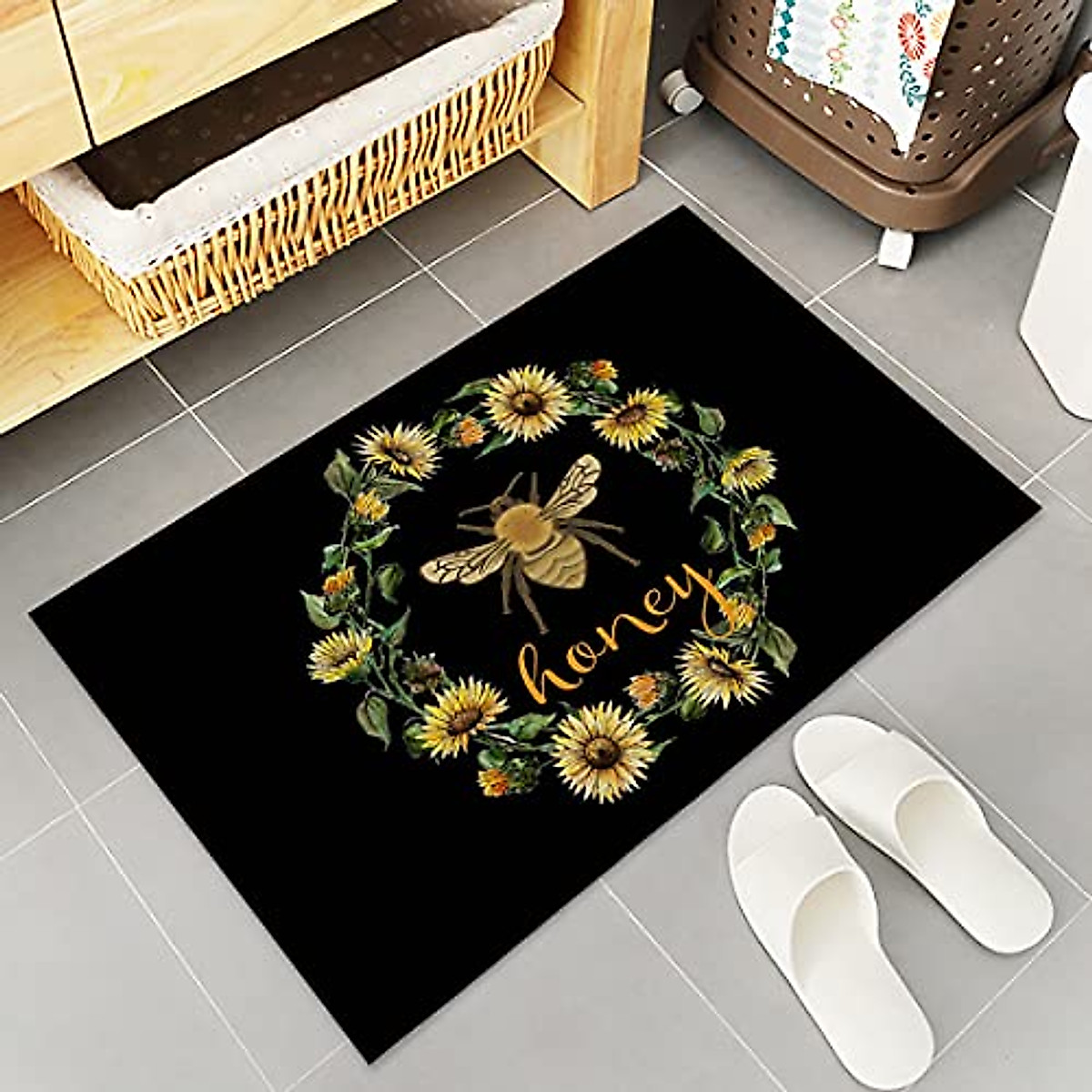 Queen Area 2 Pieces Kitchen Rugs and Mats Set Sunflower Garland Honey Bee Design on Black Background Non-Slip Kitchen Mats and Rugs for Kitchen, Floor Home, Office, Sink, Laundry