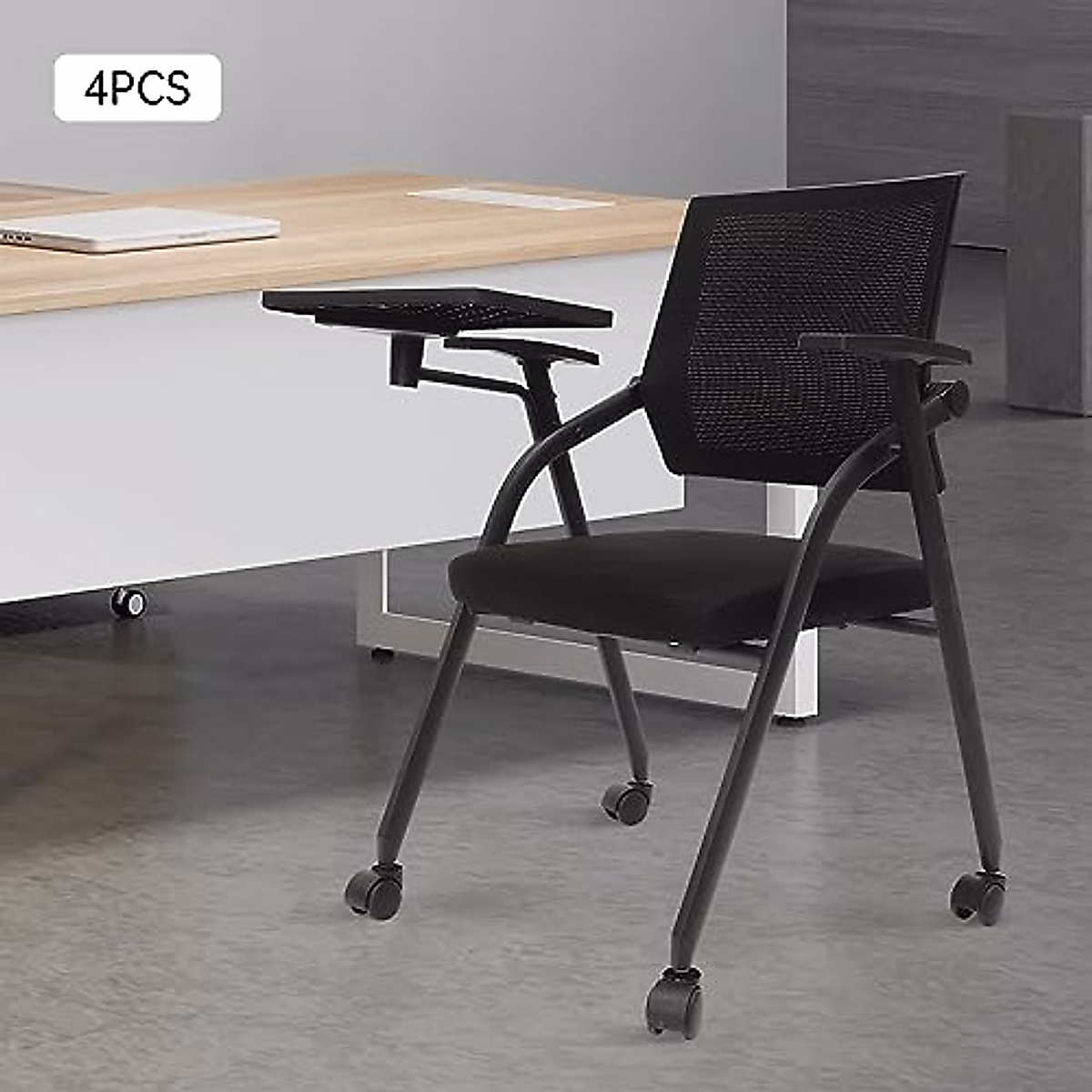 Tablet Arm Chair with Caster Wheels, Ergonomic Breathable Mesh Guest Nesting Stacking for Office School, Classroom, Training Conference, Waiting Room Black (with Desktop - 4pcs)