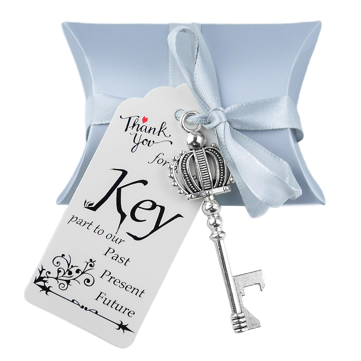 AebDerp 50Pcs Key Bottle Opener Wedding Party Favors, Crown Vintage Skeleton Keys Bulk with Candy Box and Ribbon, Bridal Shower Party Souvenirs Gifts for Guests (Silver)