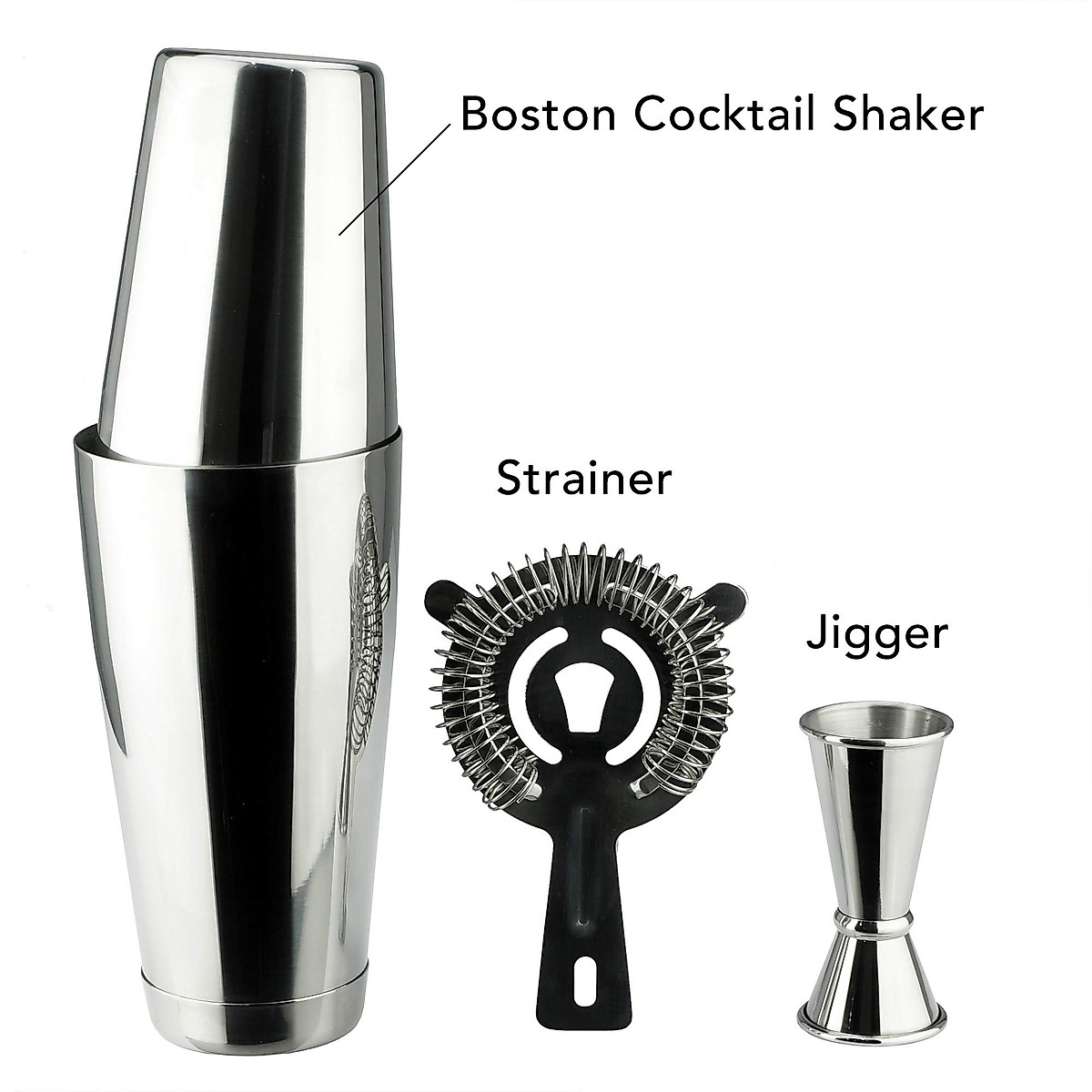 PG Boston Cocktail Kit - 4PC Premium Stainless Steel Shaker Set - 30oz Gloss Finish ​2-Piece Shaker with Cocktail Strainer and Double Jigger
