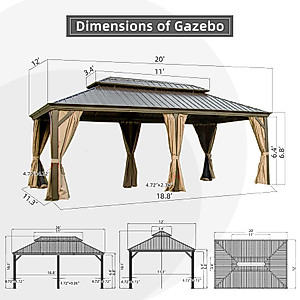 Domi Outdoor Living 12’ X 20’ Hardtop Gazebo, Outdoor Aluminum Frame Canopy with Galvanized Steel Double Roof, Outdoor Permanent Metal Pavilion with Curtains and Netting for Patio, Backyard and Lawn
