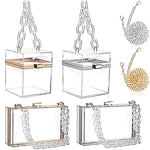 4 Pcs Women Clear Purse Acrylic Clear Clutch Bag Square Jelly Evening Bag with 2 Pcs Removable Gold Chain Strap Vintage Clear Cross Body Bag Transparent Cute Clutch Purse for Dinner Party Wedding