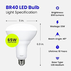 Feit Electric LED BR40 Bulbs, Dimmable, 65W Equivalent, 10 Year Life, 850 Lumens, E26 Base, 5000k Daylight, Flood Lights, Recessed Can Light Bulbs, Damp Rated, UL Listed, 6 Pack, BR40DM85010KLED/2/3