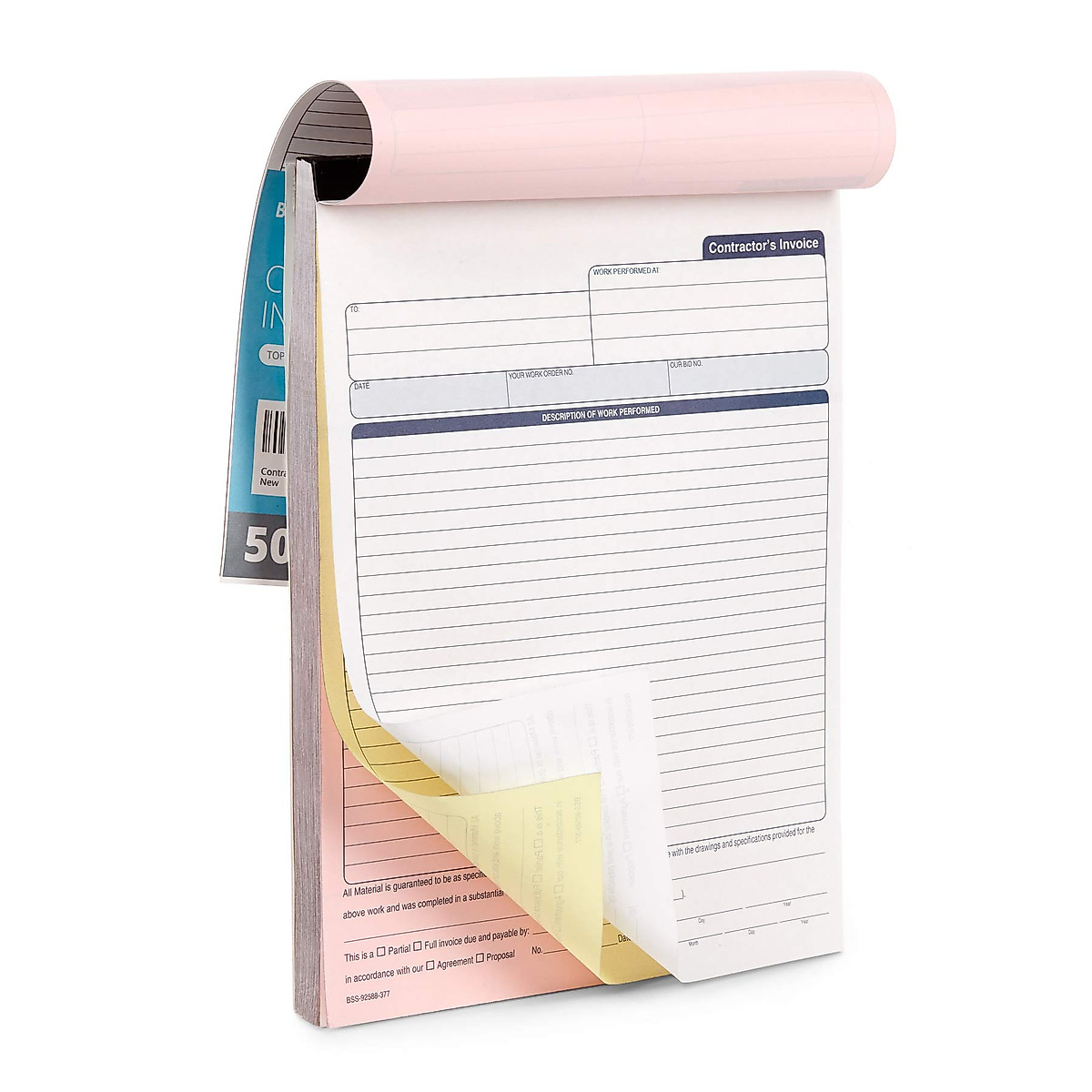 Blue Summit Supplies Contractors Invoice Book, 3 Part Carbonless Forms with White, Yellow, and Pink Copies, Work Order Receipt Book with Blank Invoice Sheets, 8-3/8 x 11-5/8 inch, 50 Pack