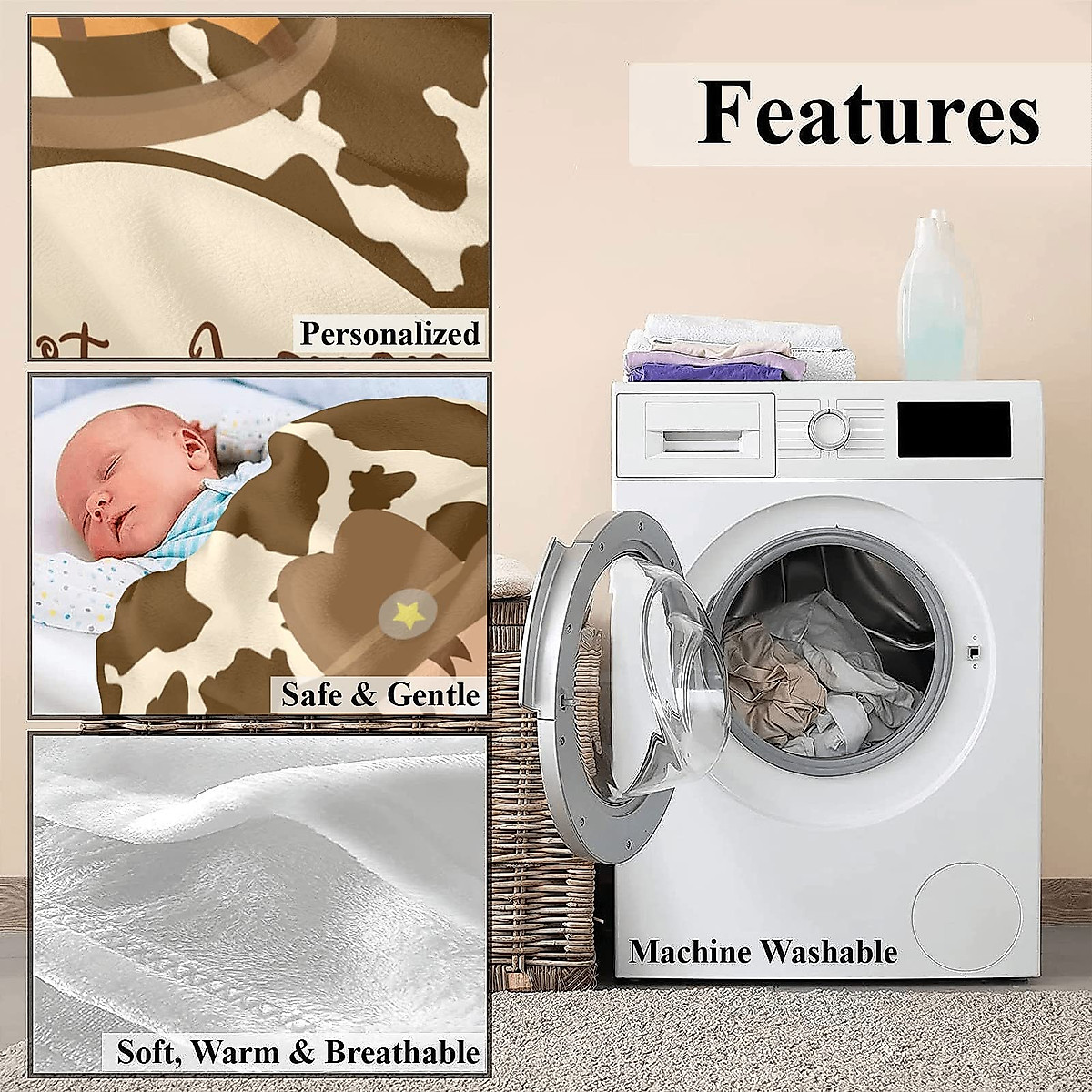 Cute Cowboy Horse Brown Cow Personalized Baby Swaddle Blanket Super Soft for Boy & Girl,Custom Your Baby Name Birthday Kids(30x40 Inches)
