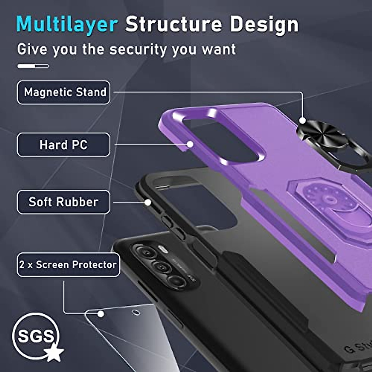 Janmitta Motorola Moto G 5G 2022 Case with Screen Protector[2 Pack], Heavy Duty Shockproof Full Body Protective Phone Cover,Built in Rotatable Magnetic Ring Holder Kickstand,Lavender