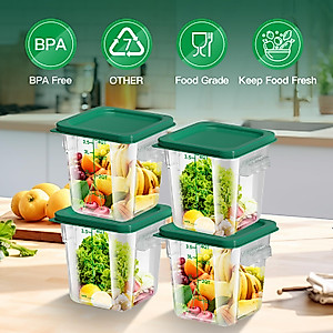 FeyBuosk 4 pcs 4qt Food Storage Containers with Lid, Square Clear Commercial Food Storage Containers with Handle and Scale for Food Storage in Home Kitchen & Dining (Green)