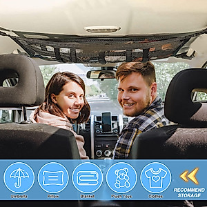 Car Ceiling Cargo Net Pocket Storage Net,30.7”x20.8”,Strengthen Load-Bearing Adjustable Double-Layer Mesh Car Roof Organizer for SUV Long Trip Camping