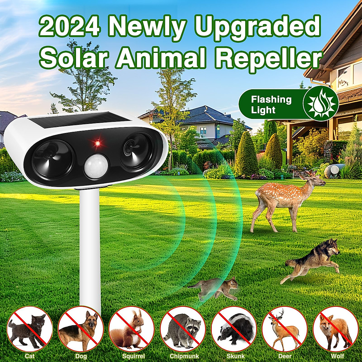 2024 New Upgraded Waterproof Ultrasonic Animal Repellent Outdoor Solar Animal Repeller with Motion Detection Cat Deterrent Outdoor Deer Repellent Device Raccoon Squirrel Skunk Repellent for Yard