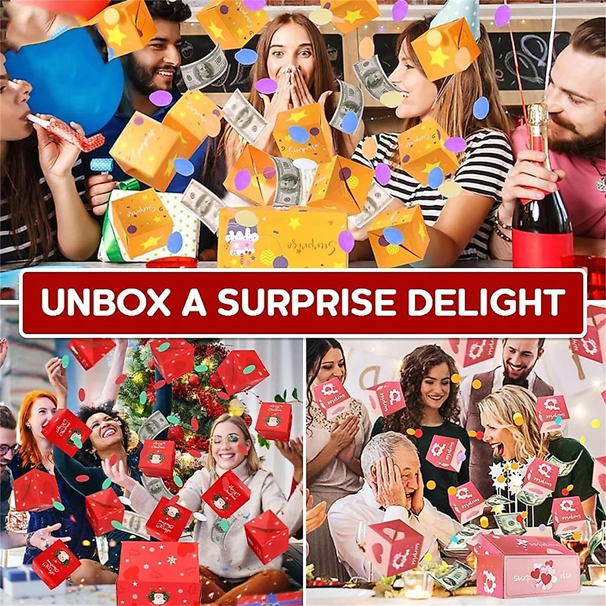 ZSJGGBOY Merry Christmas Surprise Gift Boxes, Joyjoyset, Joy Joy Snow Folding Pop-Up Explosion Gift Box, Surprise Gift Box Explosion for Money Christmas (Red+Green)
