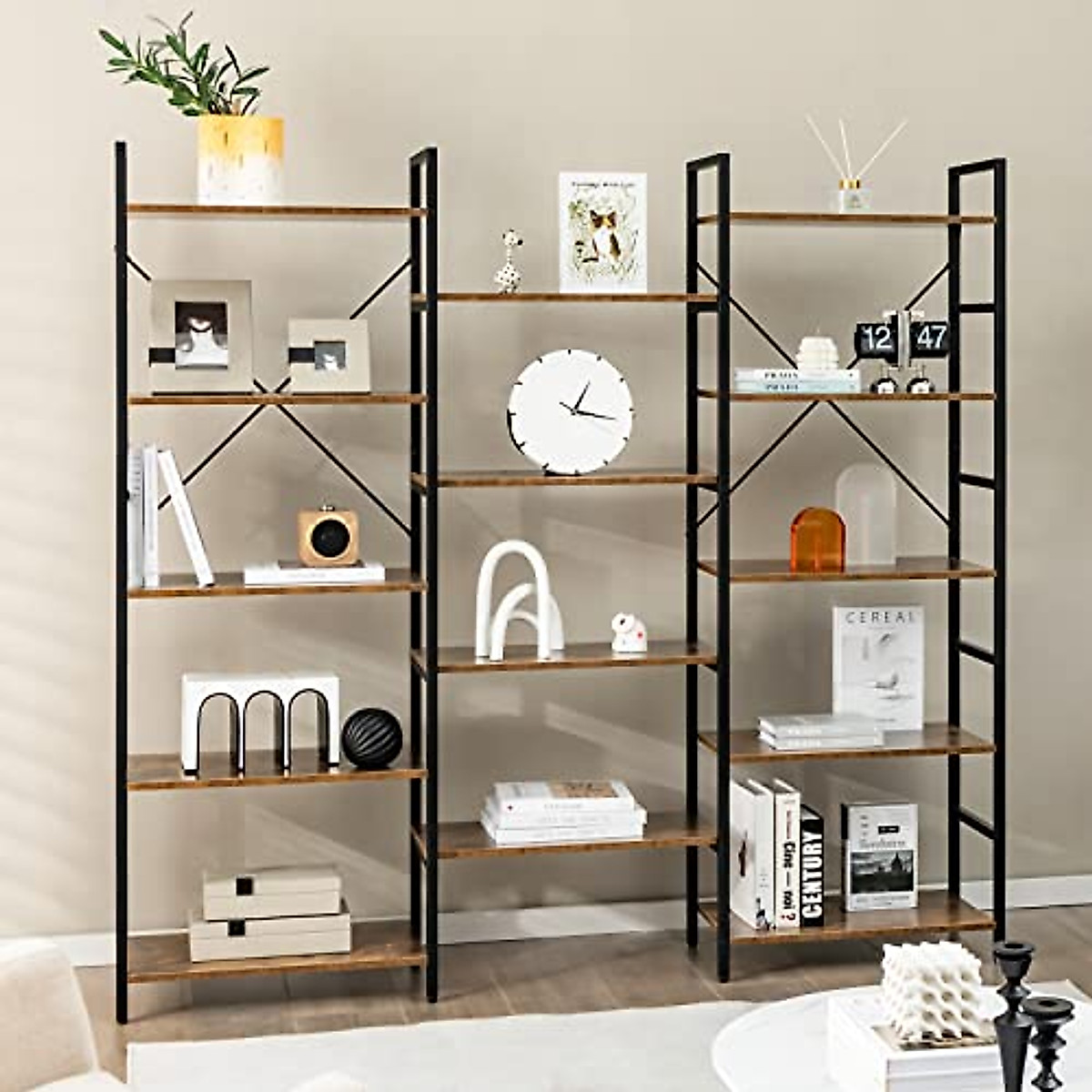 Giantex Triple 5-Tier Industrial Bookshelf- Freestanding Metal Frame Ladder Bookcase with 14 Open Shelves, Wooden Large Display Open Shelving for Living Room Home Office Study, Rustic Brown