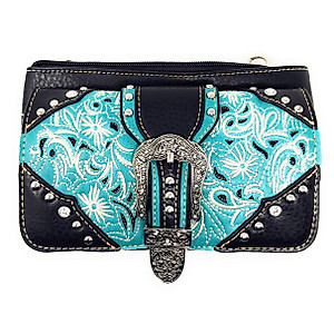 Western Rhinestone Embroidery Wallet Crossbody Clutch Bag Purse in Multi-Way (Black Turquoise Buckle)