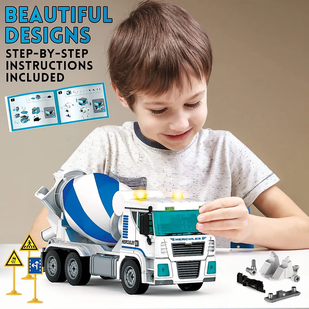 Take Apart Toy Cement Mixer Toy Truck - 107 Pcs STEM Toys Building Kit w/Drill, Realistic Toy Construction Vehicle for Kids Friction Power Push & Go Lights & Sounds for Boys Ages 4 5 6 7 8 Years Old