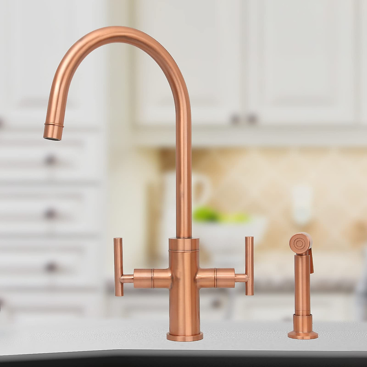 Two-Handle Widespread Kitchen Faucet with Side Sprayer (Copper)